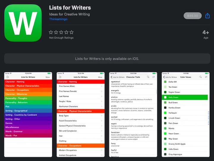 Lists for Writers is a creative writing app with a feature that helps ...