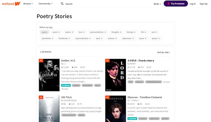Wattpad is a fictional writing platform. Its category for poetry is ...